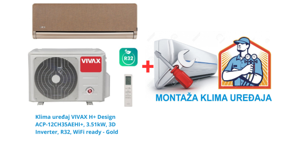 Klima uređaj VIVAX H+ Design ACP-12CH35AEHI+, 3.51kW, 3D Inverter, R32, WiFi ready - Gold SA ...